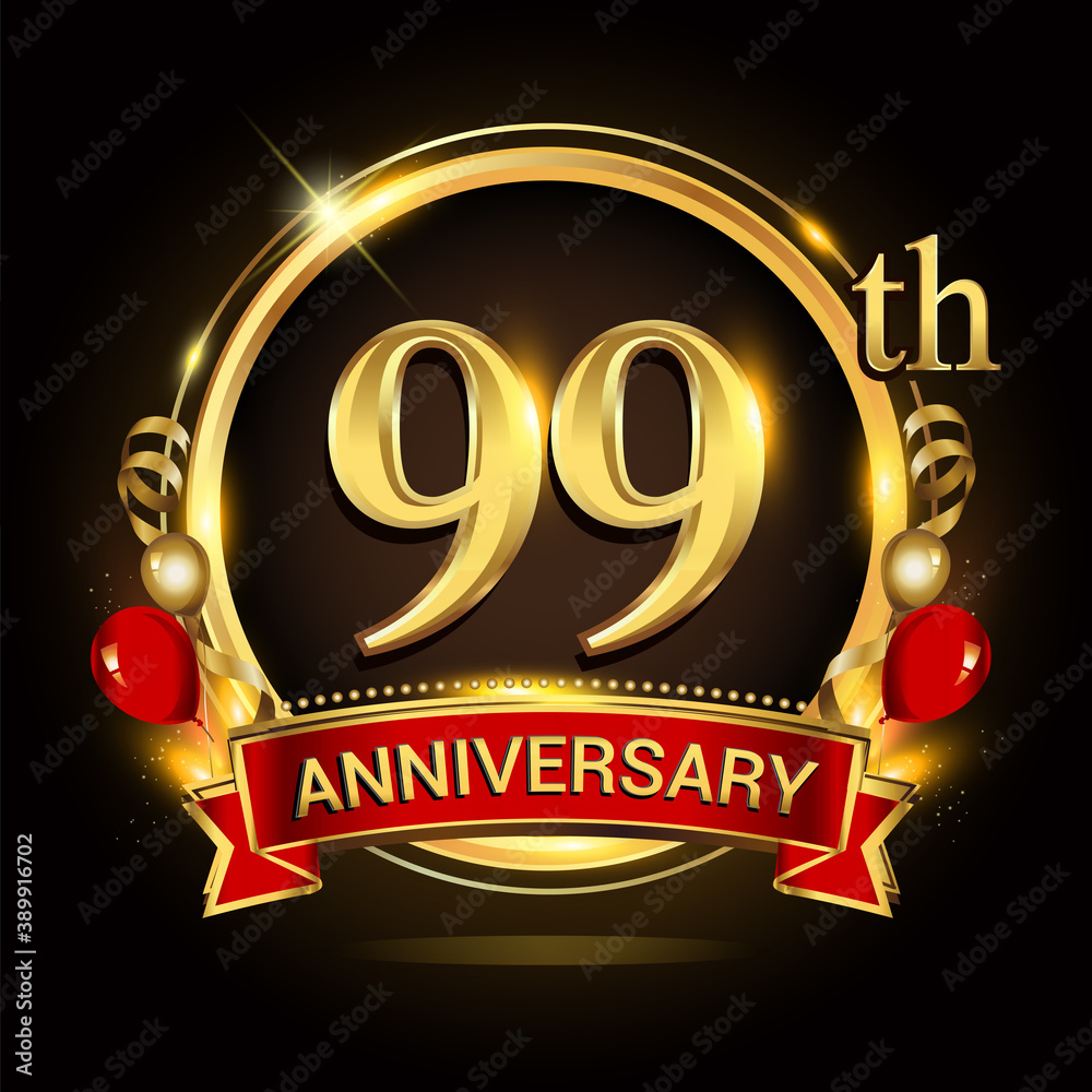 99th anniversary logo with golden ring, balloons and red ribbon. Vector ...