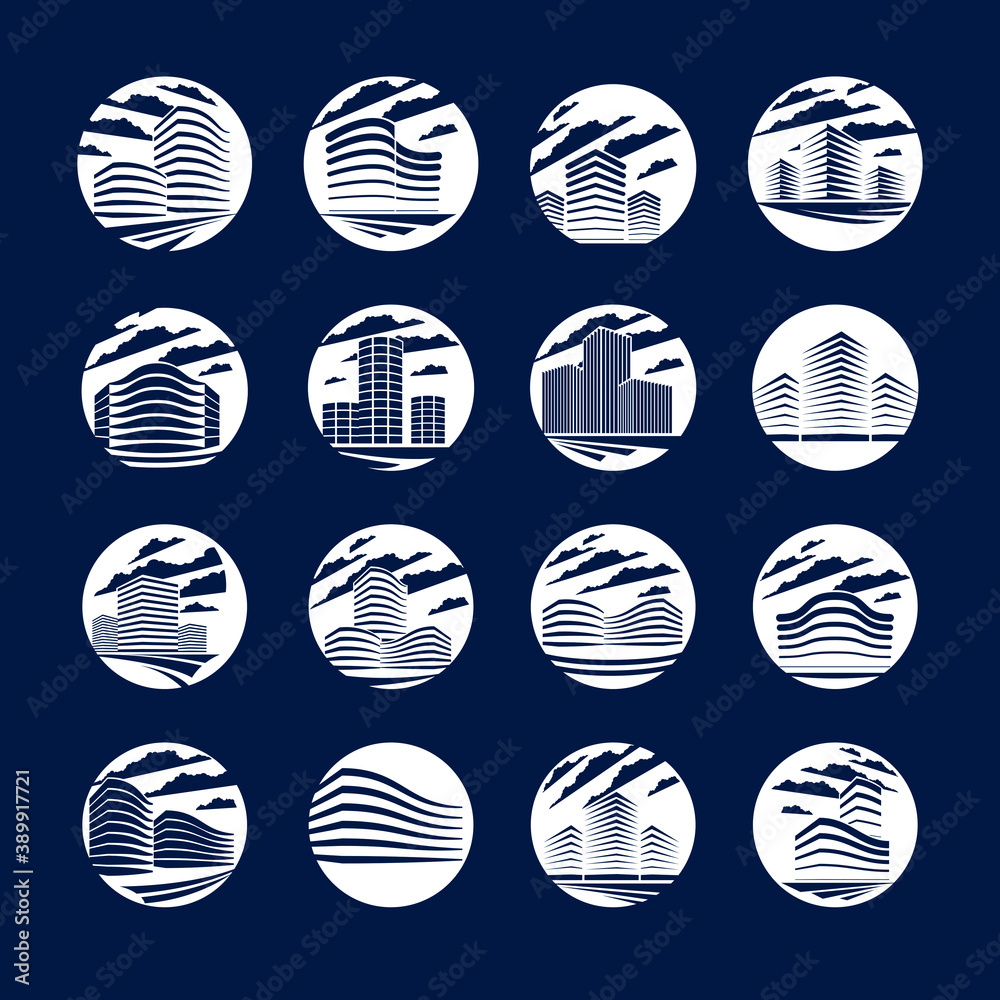 Office building round shape icons or logos set, modern architecture ...