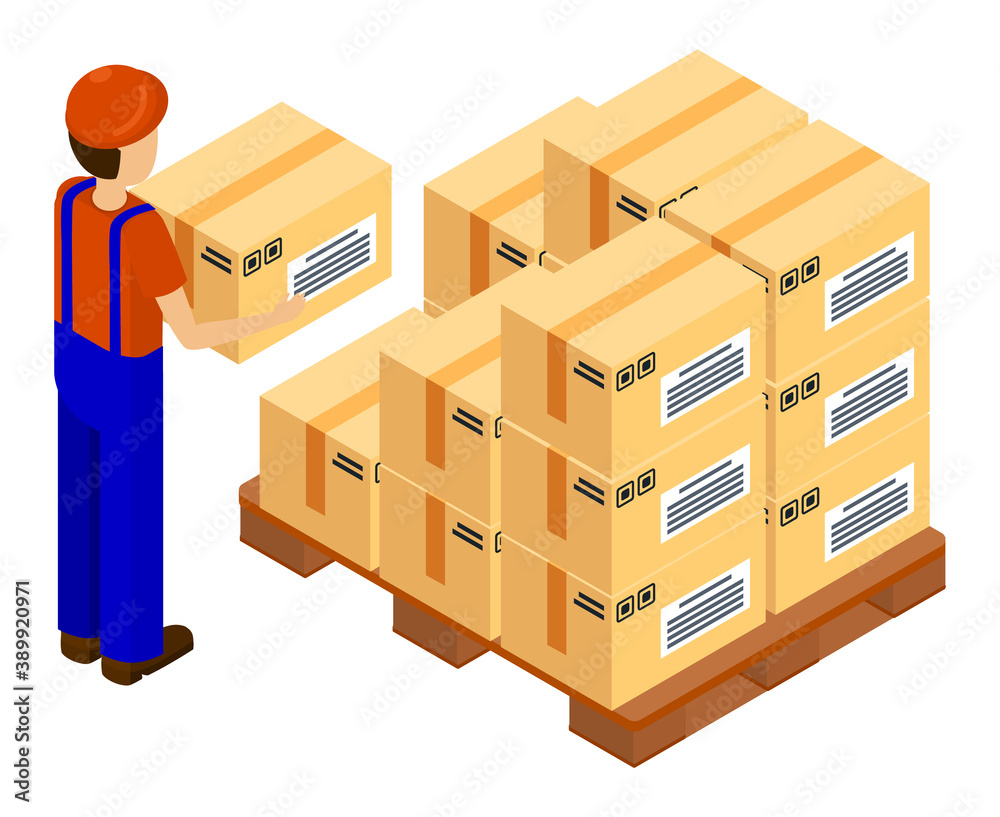 Worker loading box at wooden pallet with card boxes. Postal ...
