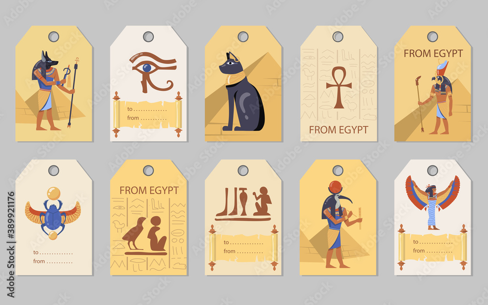 From Egypt tags set. Egyptian pyramids, cats, gods, scarab vector ...