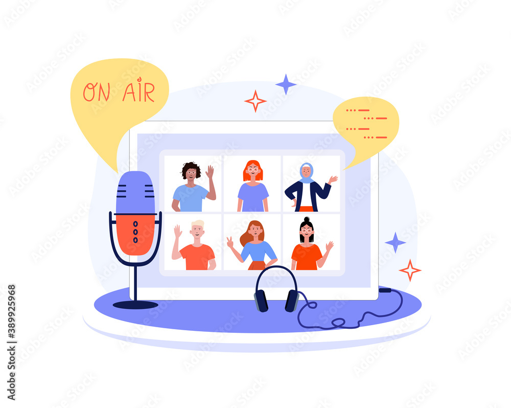 Radio host with table. Media hosting doodle drawing. Female podcaster ...