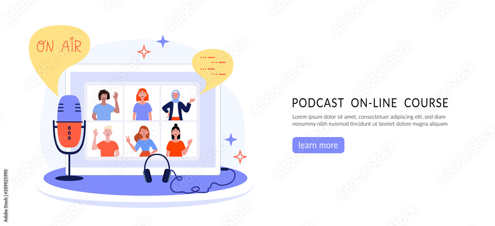 Radio host with table. Media hosting doodle drawing. Female podcaster ...