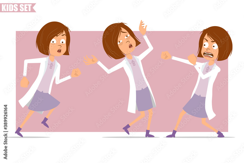 Cartoon flat funny little scientist doctor girl character in white ...