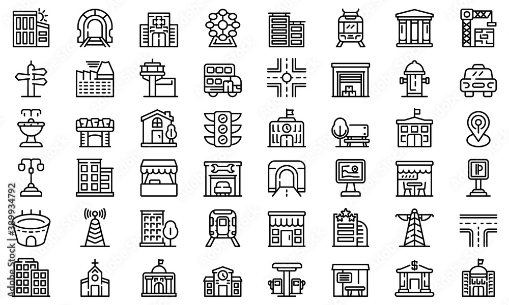 City infrastructure icons set. Outline set of city infrastructure ...