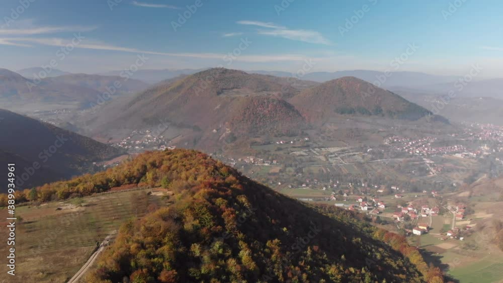 Aerial shot shows pyramid of moon in front of the pyramid of sun and ...