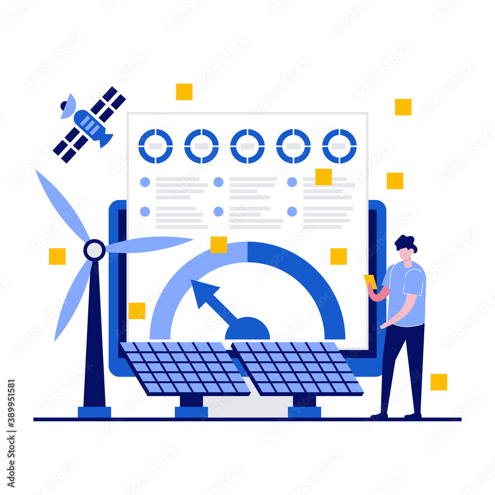 Energy analysis concept with character. People analyzing power data ...