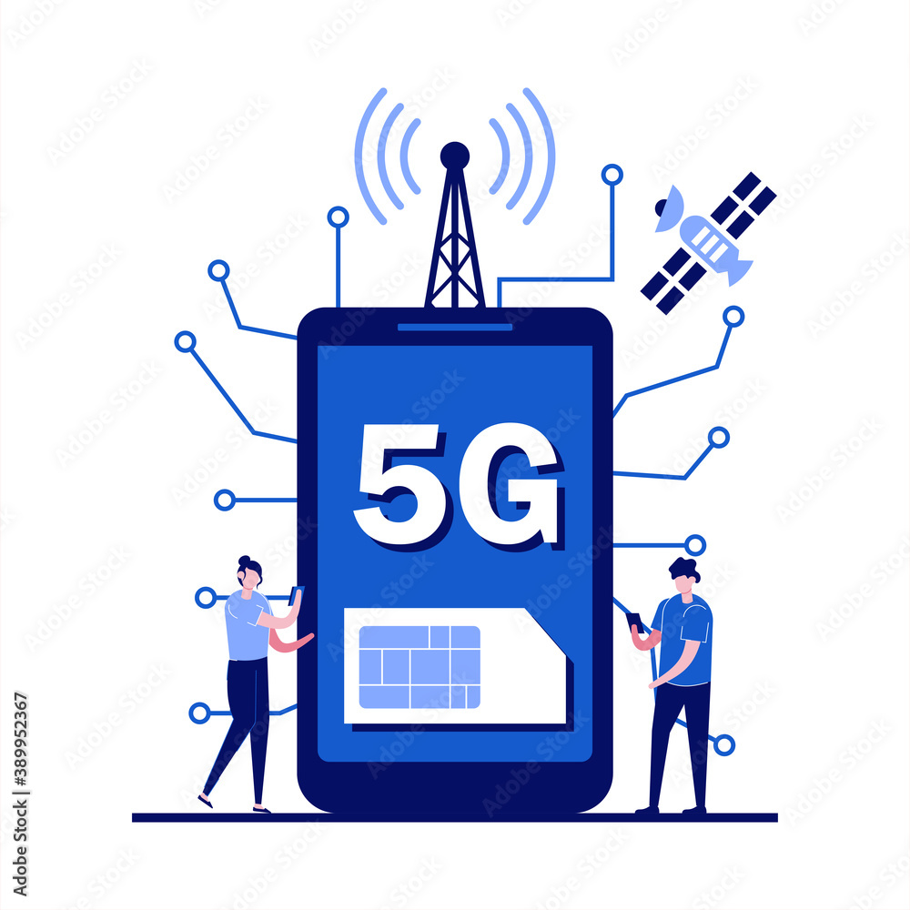 5G network wireless technology concept with character. People with ...