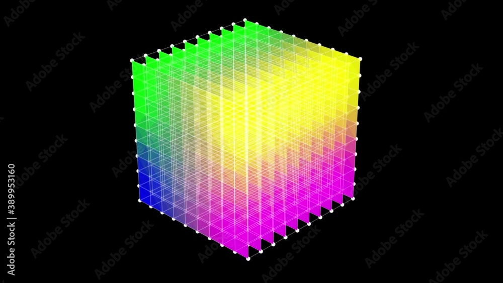 4k animated 3d wireframe color cube rotating on its axis. 3d rendering ...