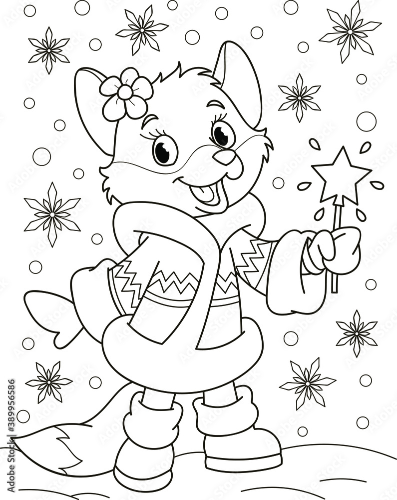 Coloring page outline of cartoon smiling cute fox with Christmas star ...