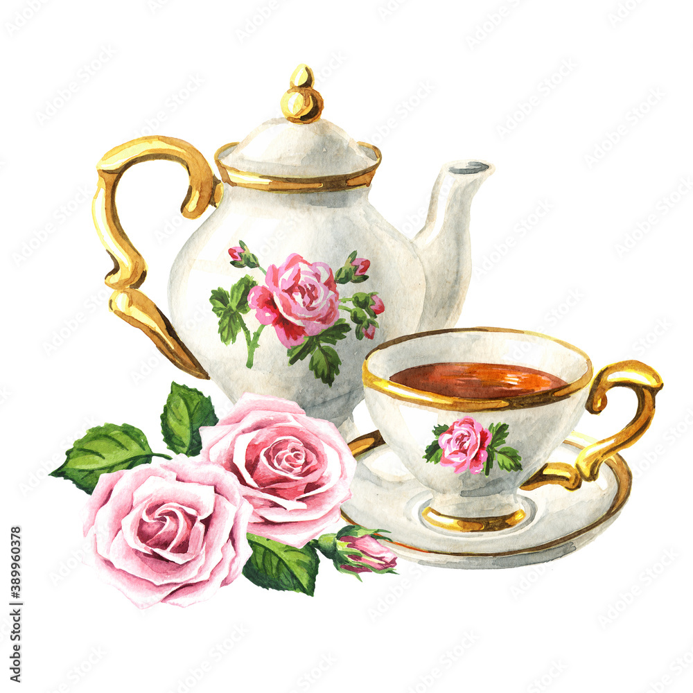 Teapot, cup of tea and rose flower. Hand drawn watercolor illustration ...