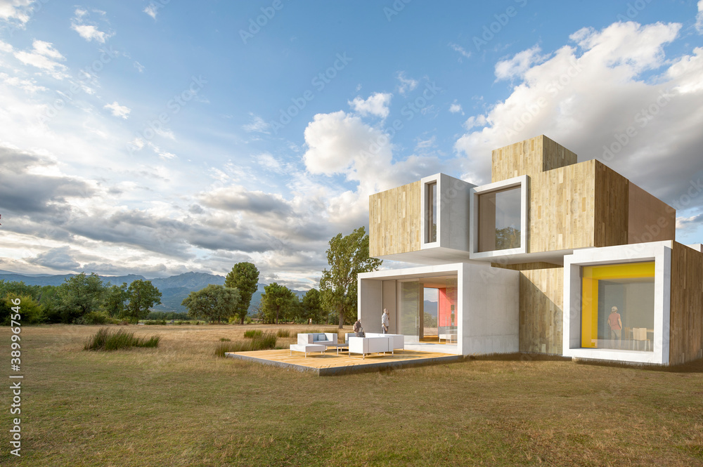 Cubic modern house in country setting Stock Illustration | Adobe Stock