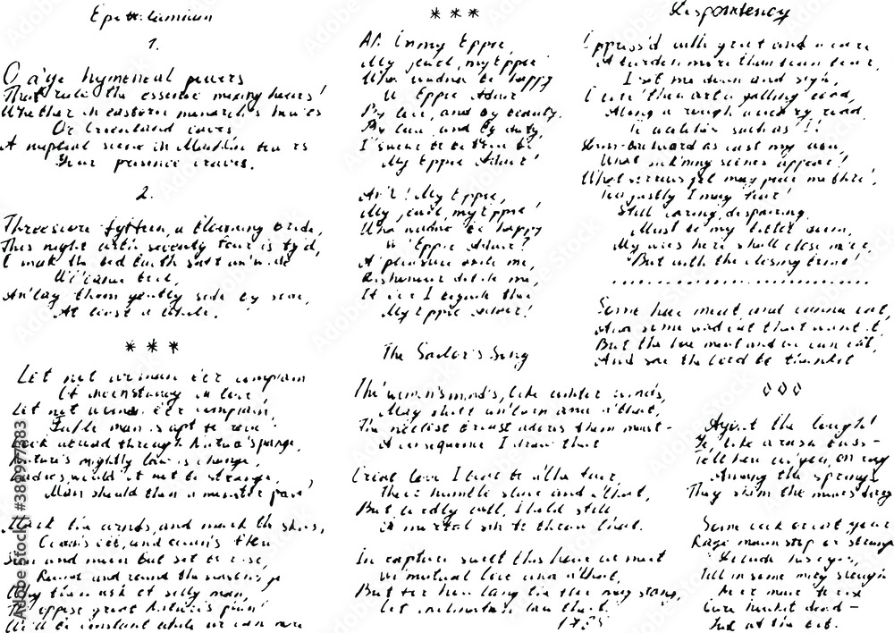 Set of unreadable hand-written poems. Retro background of illegible ink ...