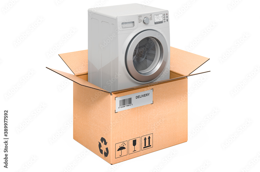 Washing machine inside cardboard box, delivery concept. 3D rendering ...