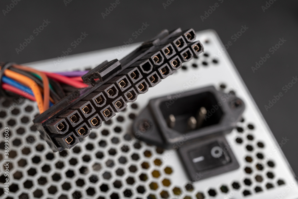 Large plug to power the PC motherboard. Components of the computer ...