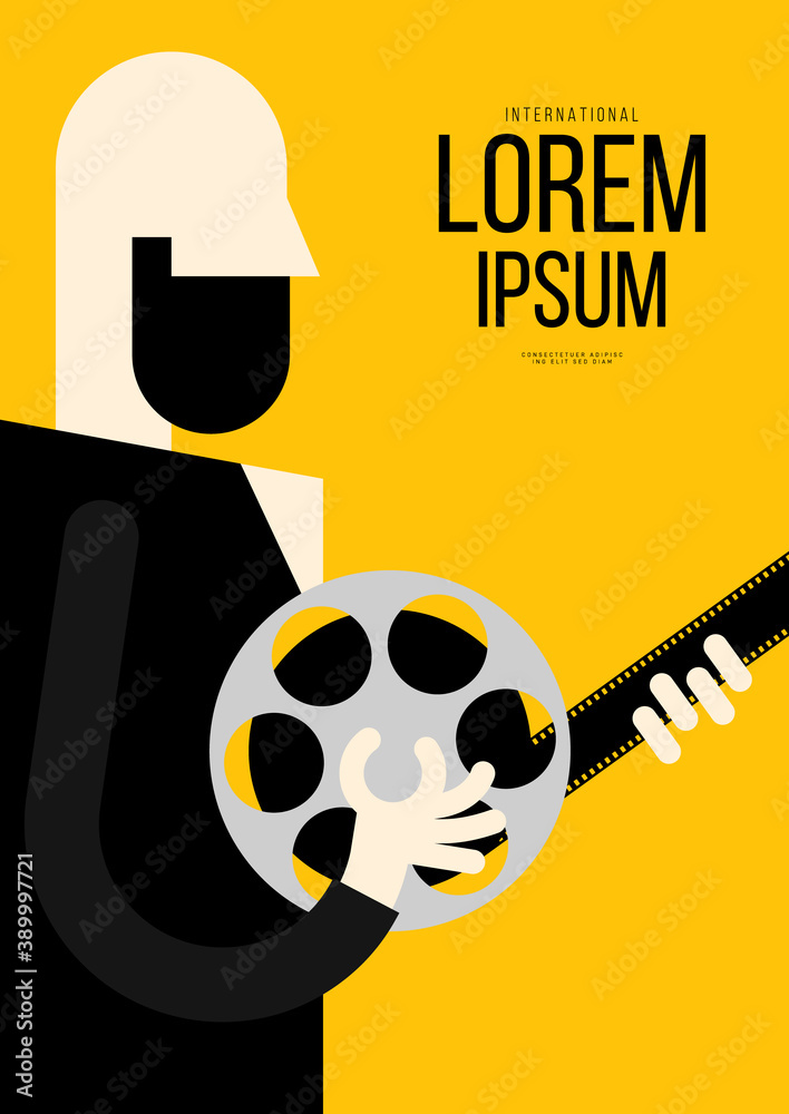 Movie and film poster design template background with vintage film reel ...