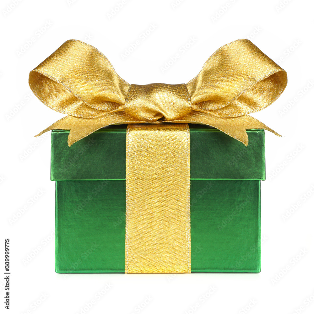 Green gift box wrapped with shiny gold bow and ribbon isolated on white ...