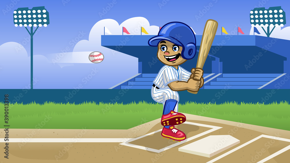 cartoon baseball player playing in the stadium Stock Vector | Adobe Stock