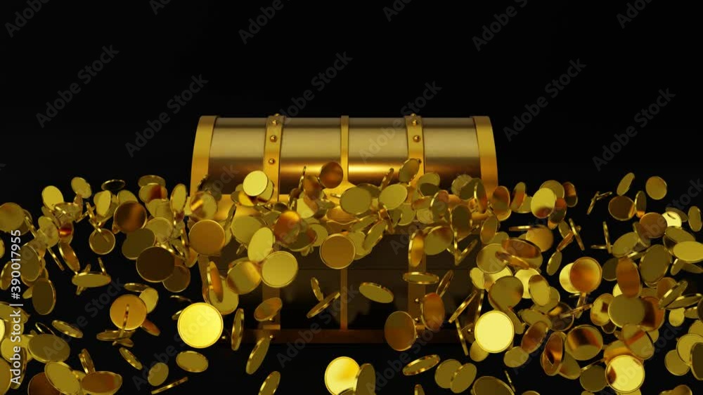 Many distribute gold coins flew from the treasure chest. A treasure ...