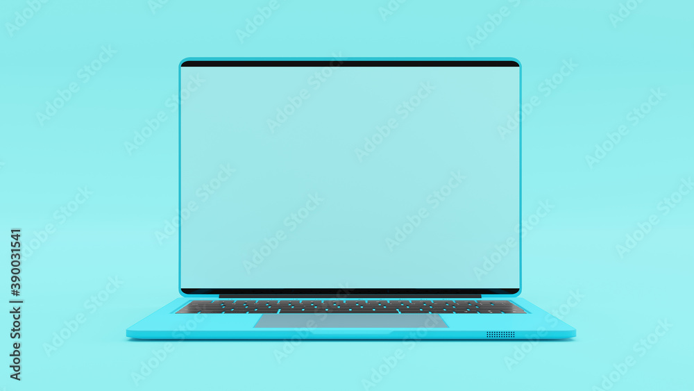 Laptop blue color blank screen on work dask table. Mock-Up for your ...