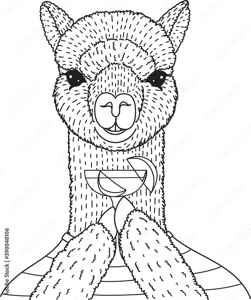 Cute alpaca holding cocktail glass, design for coloring book, coloring ...