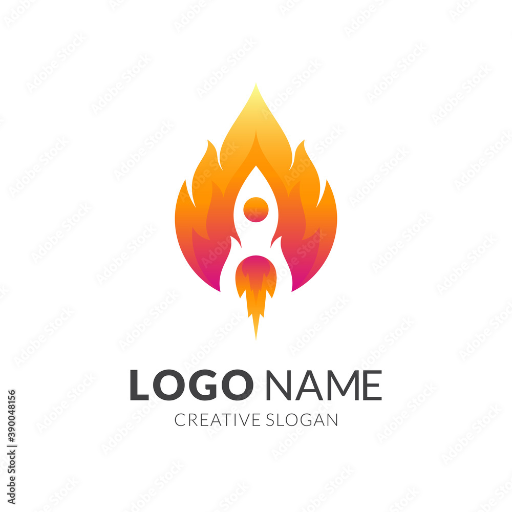 rocket fire logo. rocket and fire, combination logo with 3d red and ...