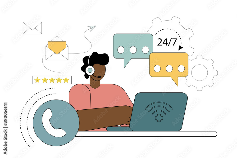 Vector illustration in a flat style. Call center operator with headset ...