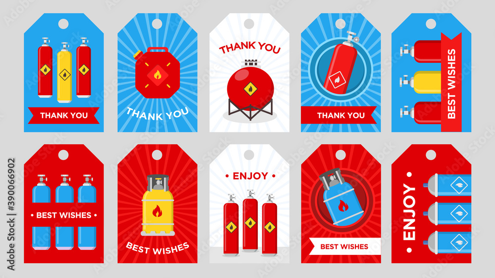 Gas production company tags set. Cylinders, tanks and canisters with ...