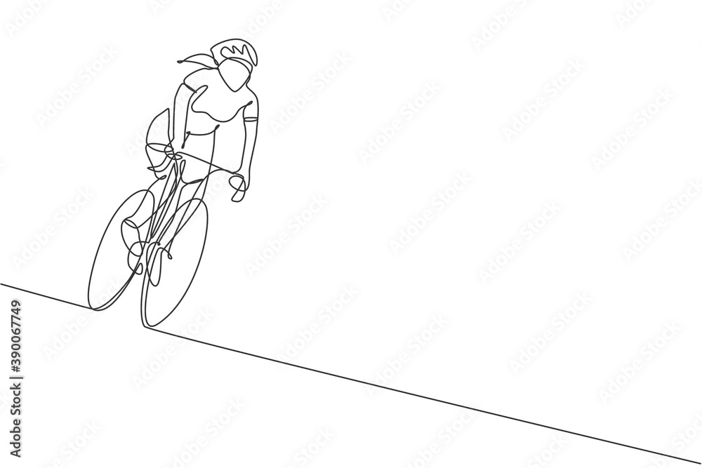 One single line drawing young energetic woman bicycle racer race at ...