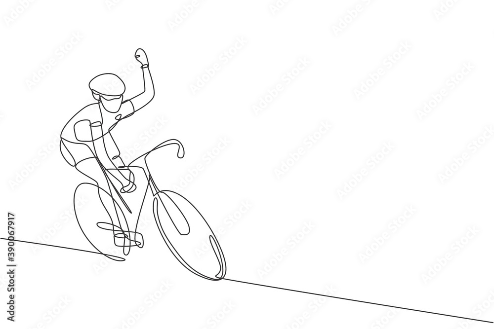 Vetor de One continuous line drawing of young sporty man bicycle racer ...