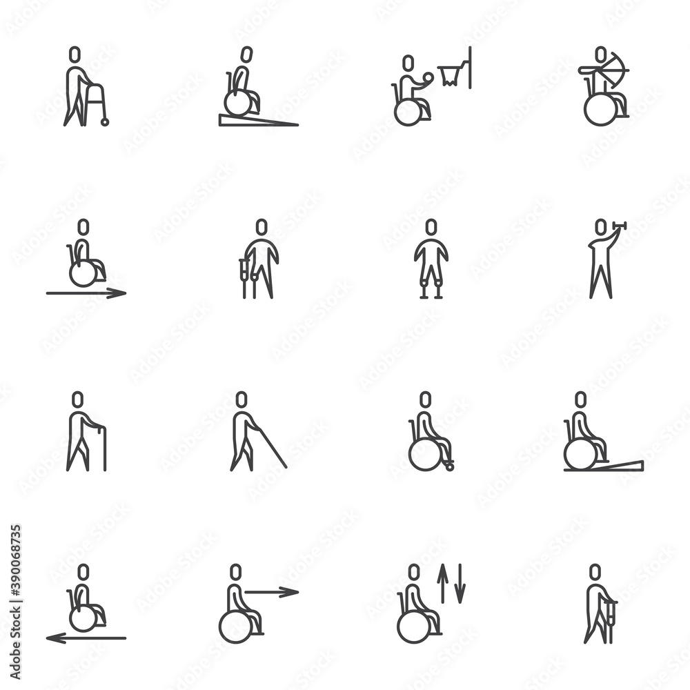 Disabled people line icons set, outline vector symbol collection ...