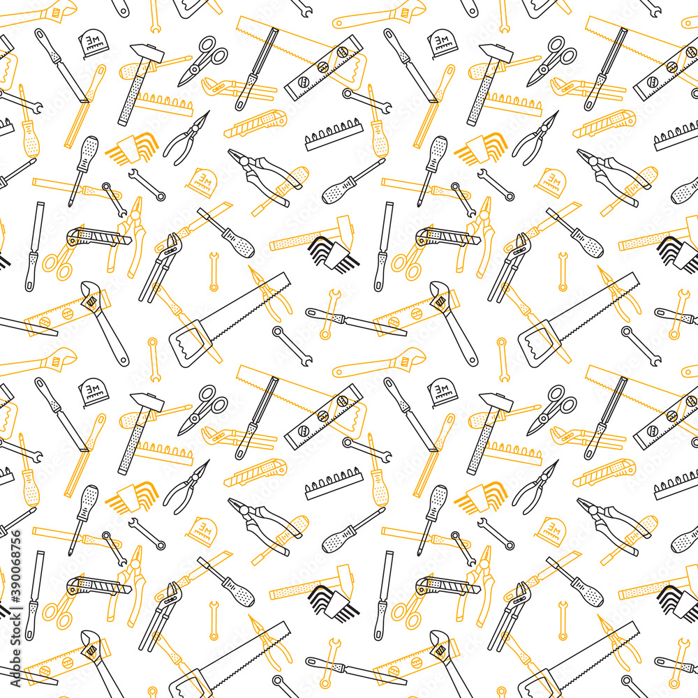 Hand tools line art vector seamless pattern on white background ...