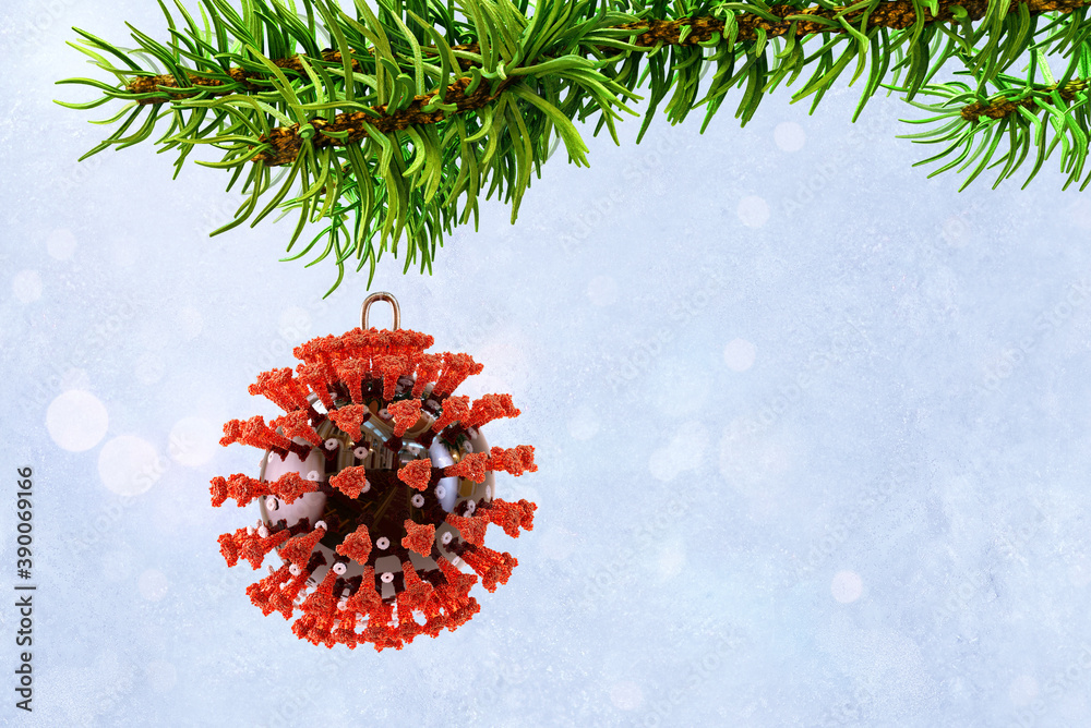 Covid-19 coronavirus form red christmas ball on a fir branch, snow ...