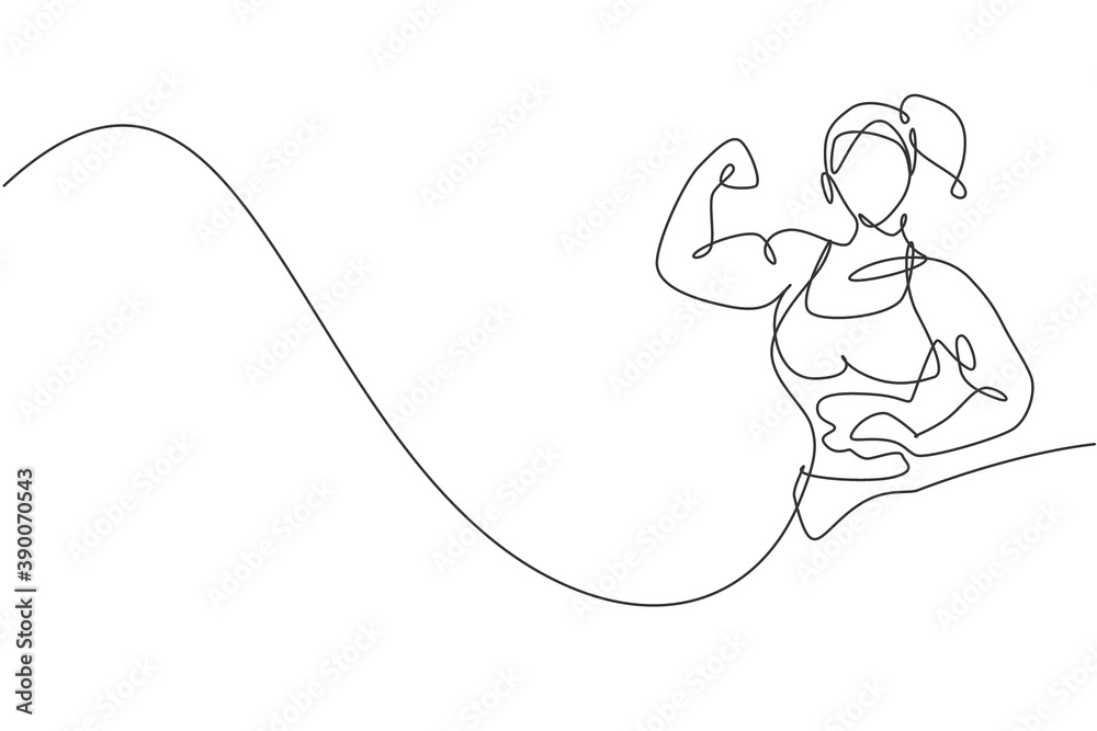 One continuous line drawing of young strong model woman bodybuilder ...