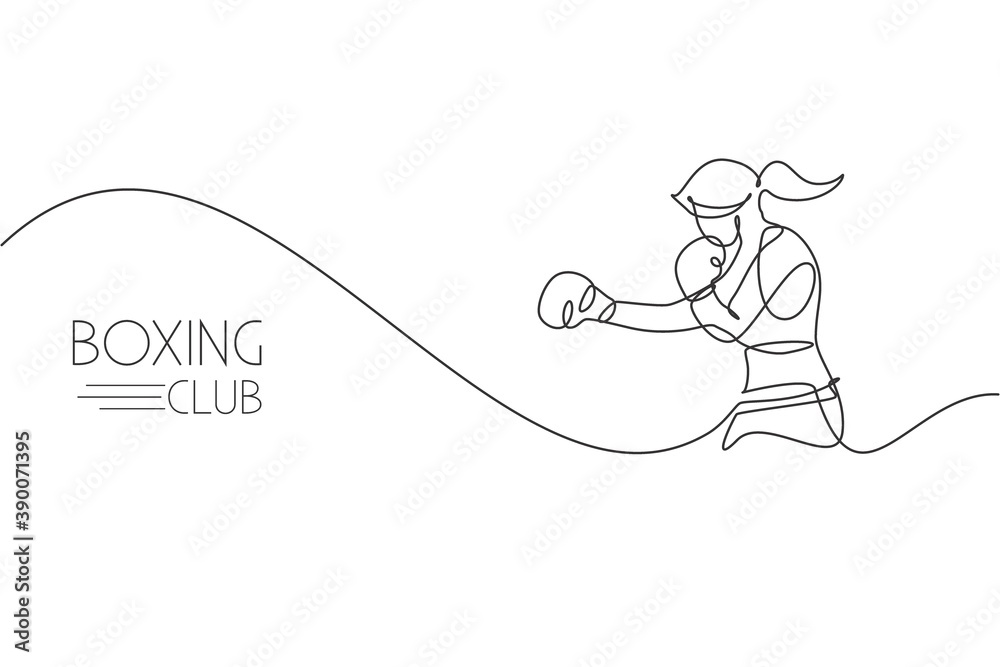 Single continuous line drawing of young agile woman boxer pose punch ...