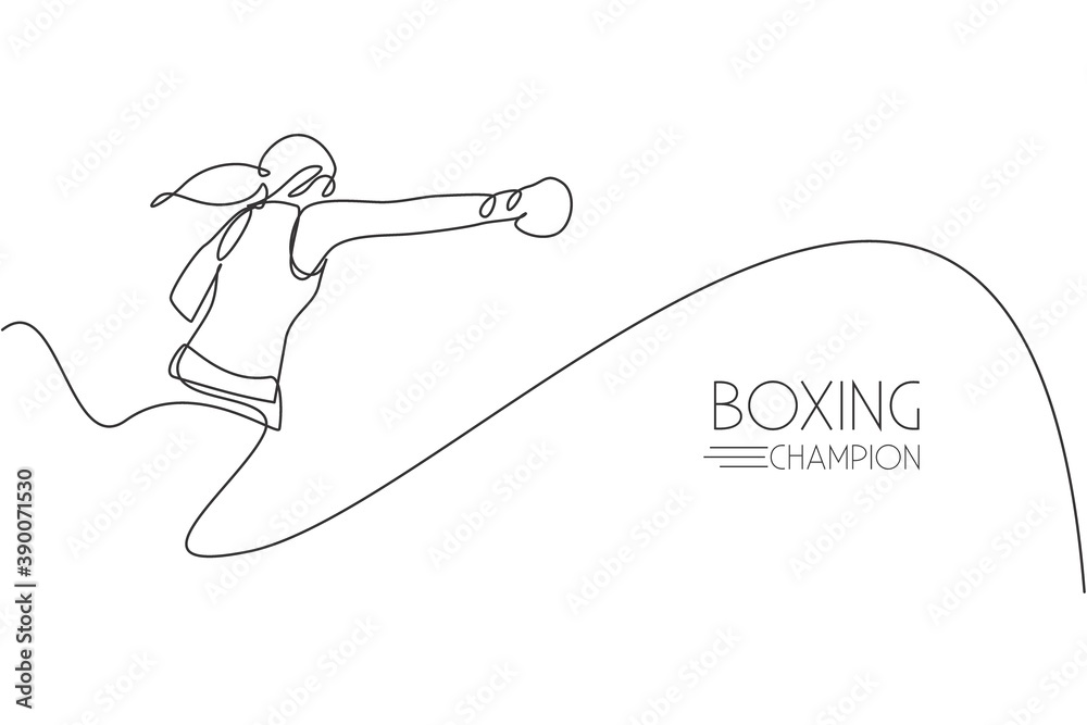 One continuous line drawing of young sporty woman boxer launch powerful ...