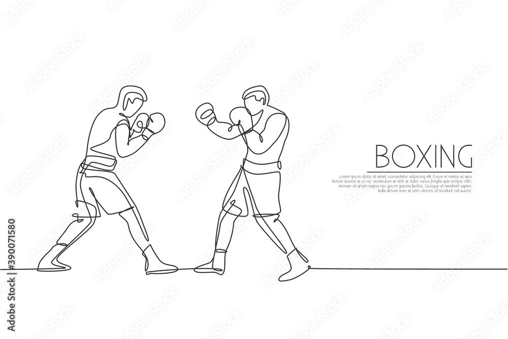 One single line drawing two young energetic men boxer fighting at event ...