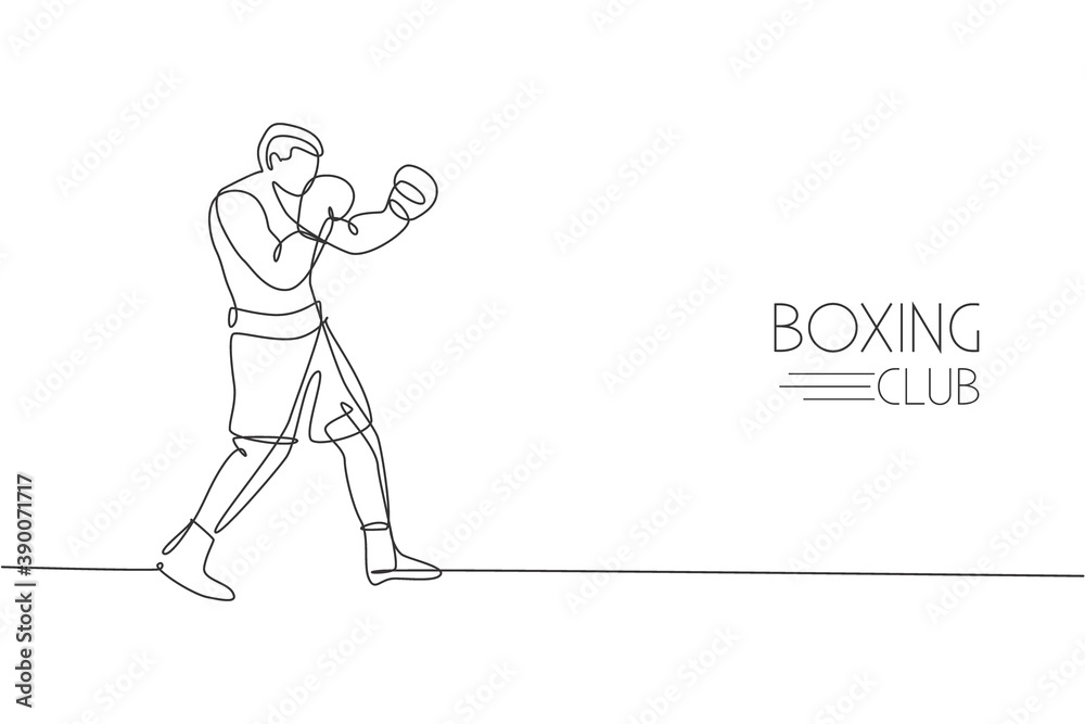 One continuous line drawing of young sporty man boxer improve defense ...