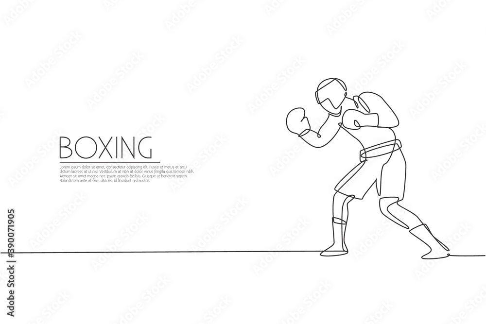 One single line drawing of young energetic man boxer focus practicing ...