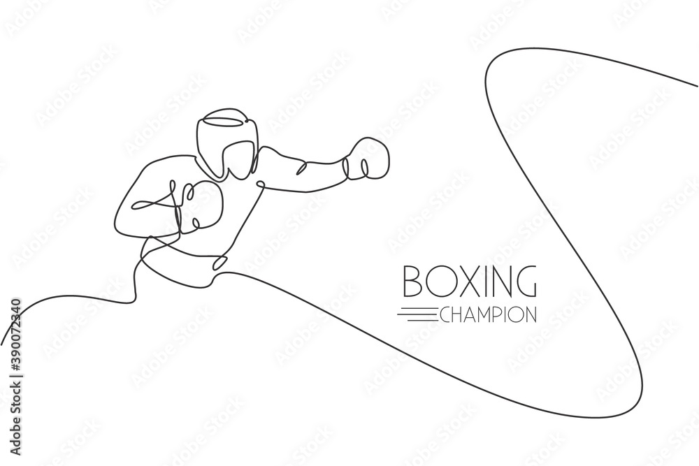 One continuous line drawing of young sporty man boxer practicing hook ...
