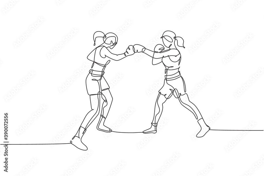 One continuous line drawing of young sporty woman boxer bump their fist ...