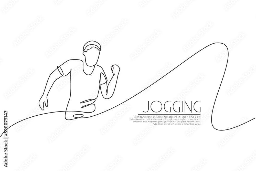 One continuous line drawing of young man athlete runner practicing run ...