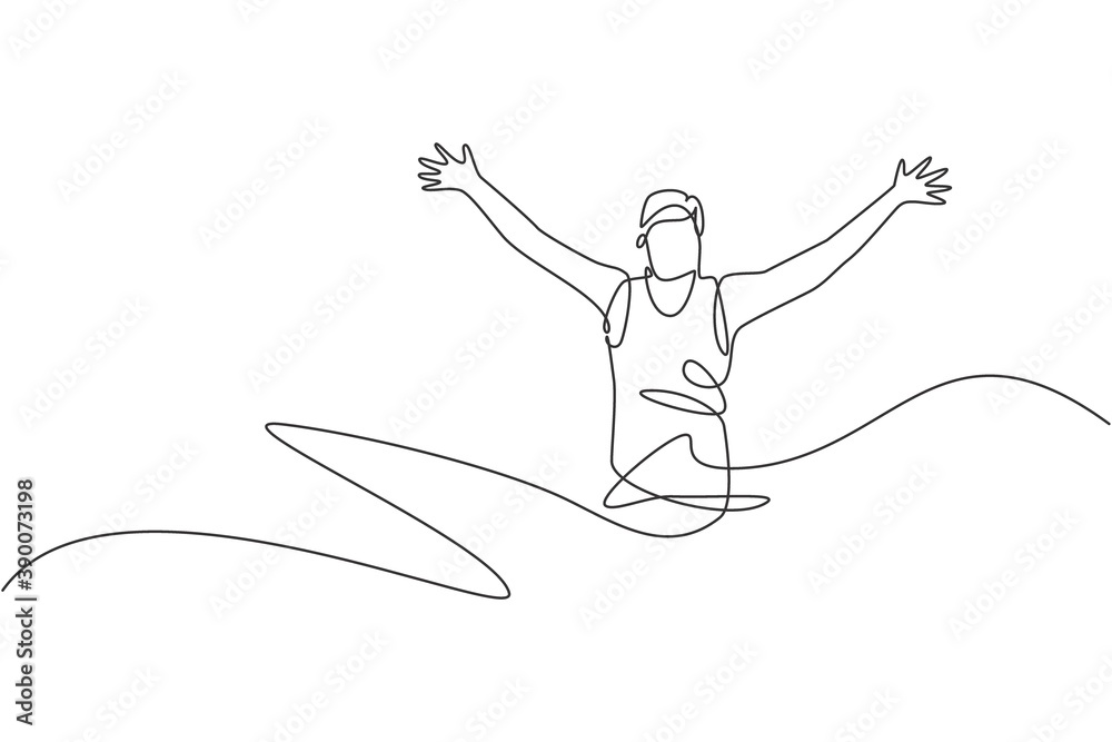 One continuous line drawing of young man athlete runner reach finish ...