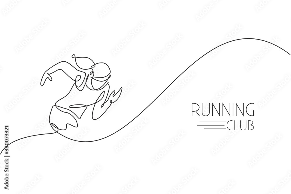 One continuous line drawing of young woman athlete runner focus sprint ...