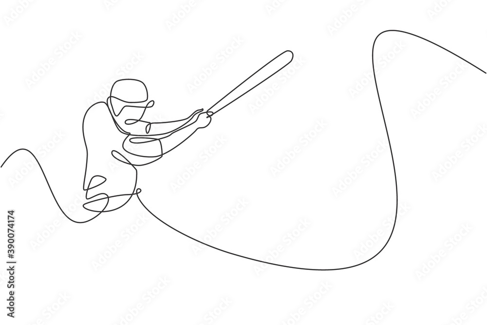 Single continuous line drawing of young agile man baseball player hit ...