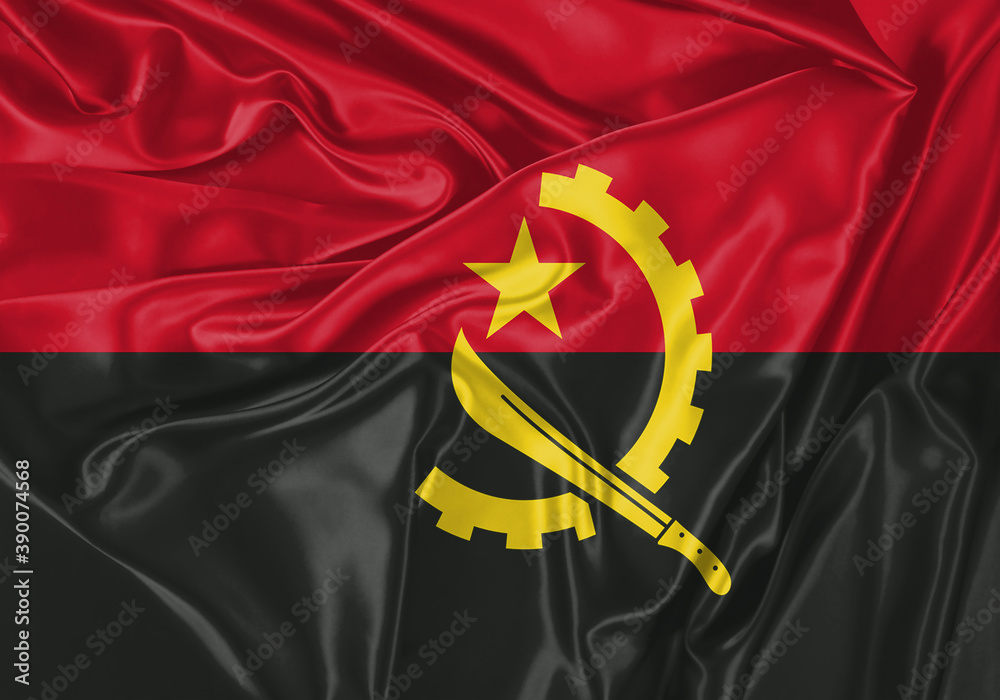 Angola flag waving in the wind. National flag on satin cloth surface ...