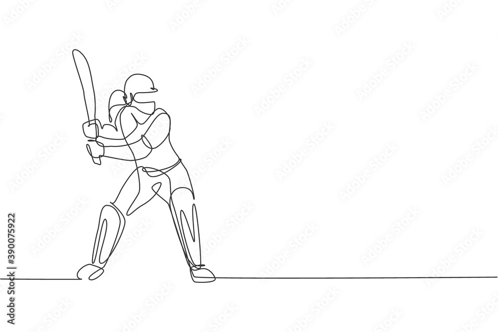 One single line drawing of young energetic woman cricket player stance ...