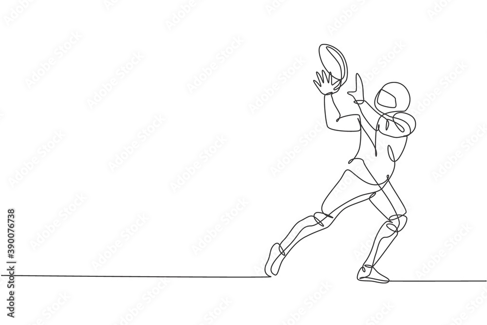 One continuous line drawing young american football player catch the ...