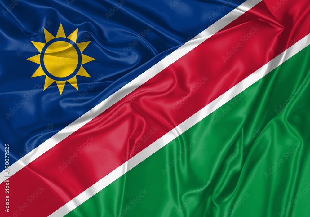 Namibia flag waving in the wind. National flag on satin cloth surface ...