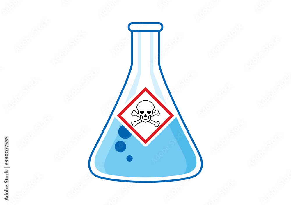 Laboratory chemical beaker with toxic liquid and hazard symbol icon ...