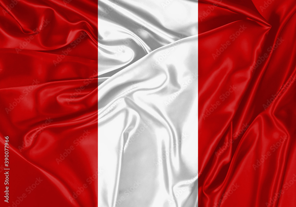 Peru flag waving in the wind. National flag on satin cloth surface ...